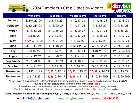 TUMBLEBUS CLASS CALENDAR | Dizzy's Tumblebus
